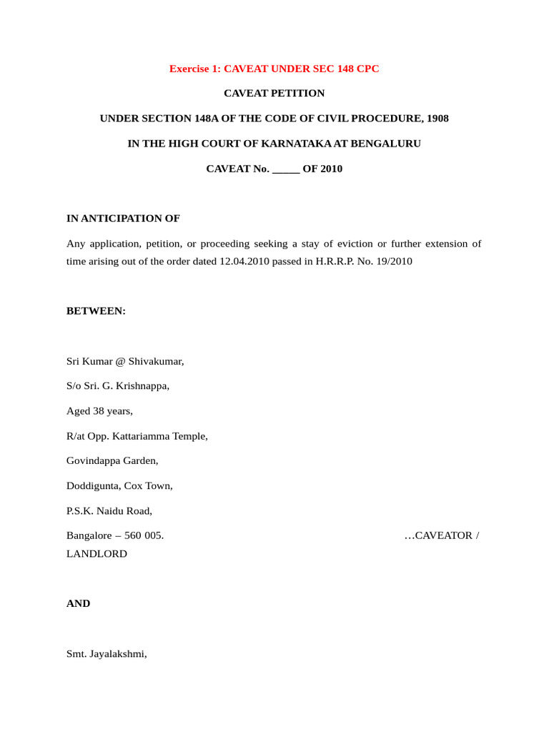 Exercise 2 Caveat Petition | PDF | Eviction | Landlord