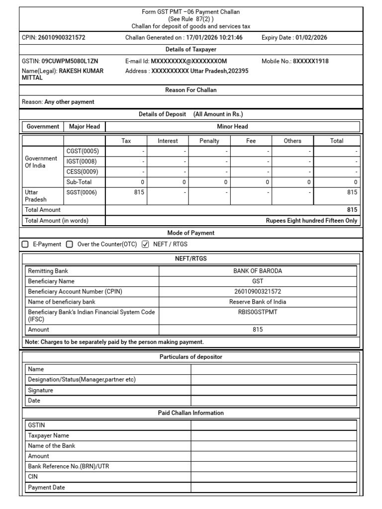 GST PMT-06 Payment Challan Form | PDF | Cheque | Banks