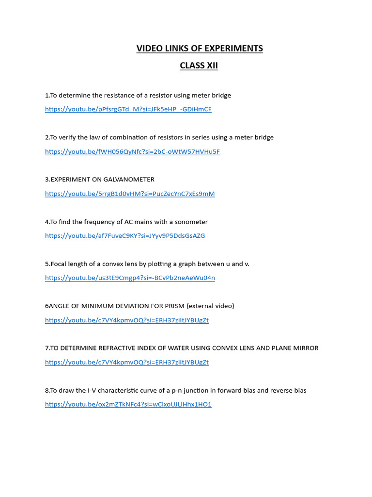 Physics Experiments Video Links | PDF