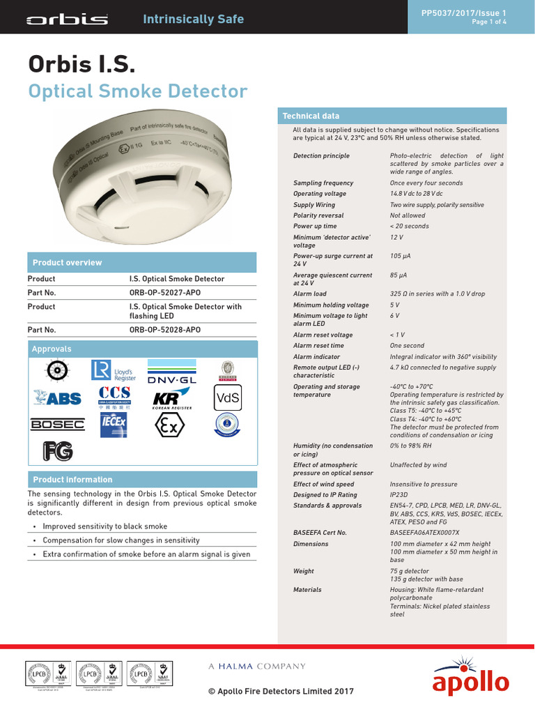 Orbis I.S. Optical Smoke Detector Specs | PDF | Smoke | Electromagnetism