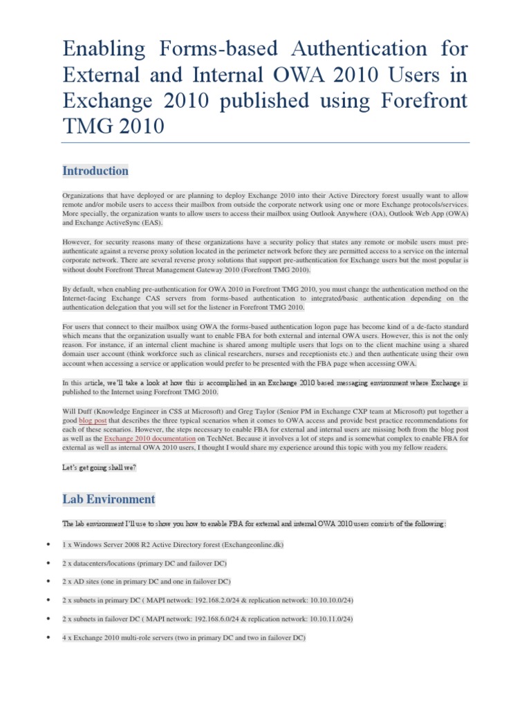 Enabling Forms-Based Authentication For OWA 2010 Users in Exchange 2010 Published Using ...