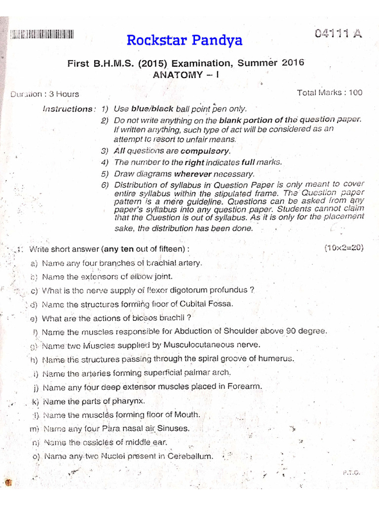 1st BHMS (2015) - 2016 - Summer - Question Paper | PDF