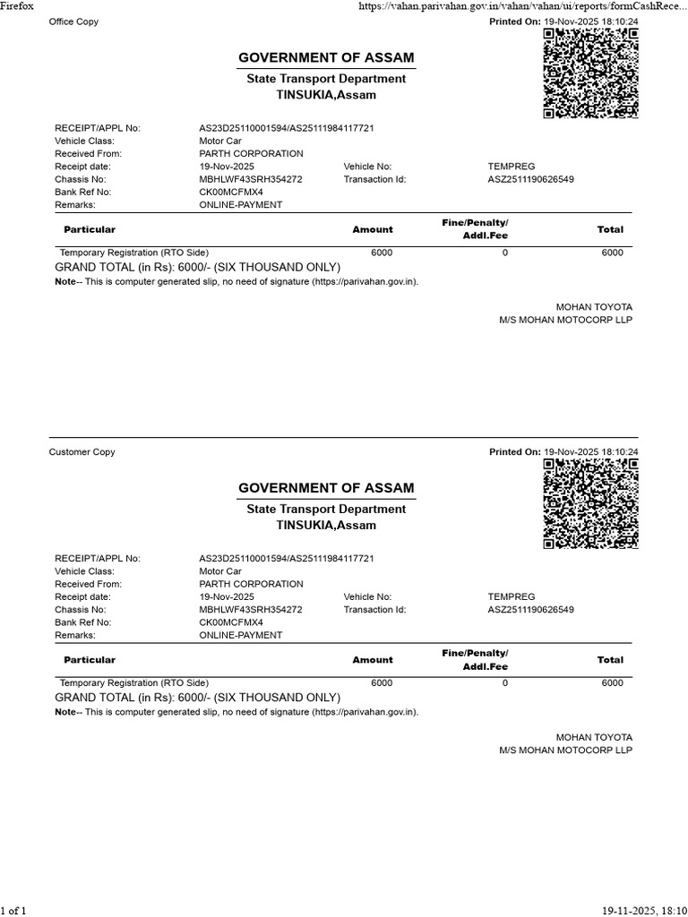 Assam Temporary Vehicle Registration Receipt | PDF | Receipt | Land ...
