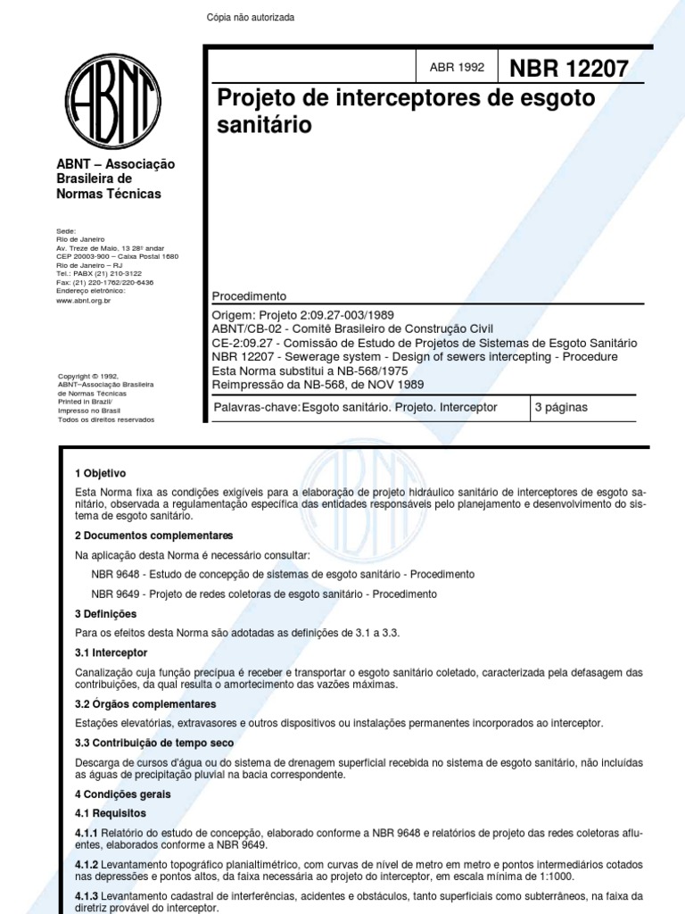 NBR 12207 - 1992 - Projeto de Interceptores de Esgoto Sanitário | PDF