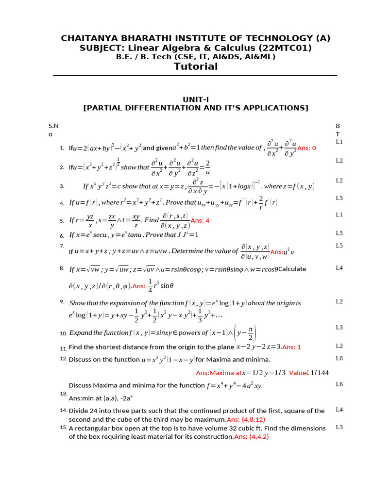 Linear Algebra & Calculus Tutorial Guide | PDF | Eigenvalues And ...