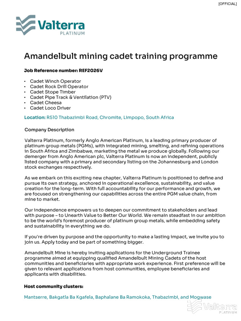 Amandelbult Mining Cadet Program Details | PDF