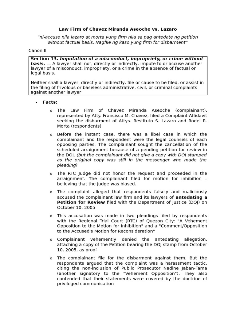 Disbarment Case: Chavez Miranda vs. Lazaro | PDF | Mootness | United ...