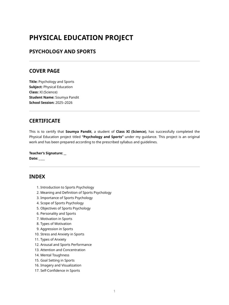 Physical Education Project – Psychology and Sports (Class Xi) | PDF ...
