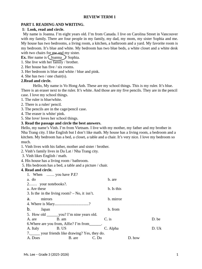Grade 3 Reading and Writing Review | PDF | Bedroom | Interior Design