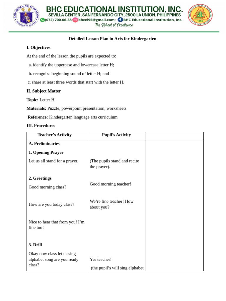 Letter H- Kindergarten(1) (2) | PDF | Teachers | Teaching