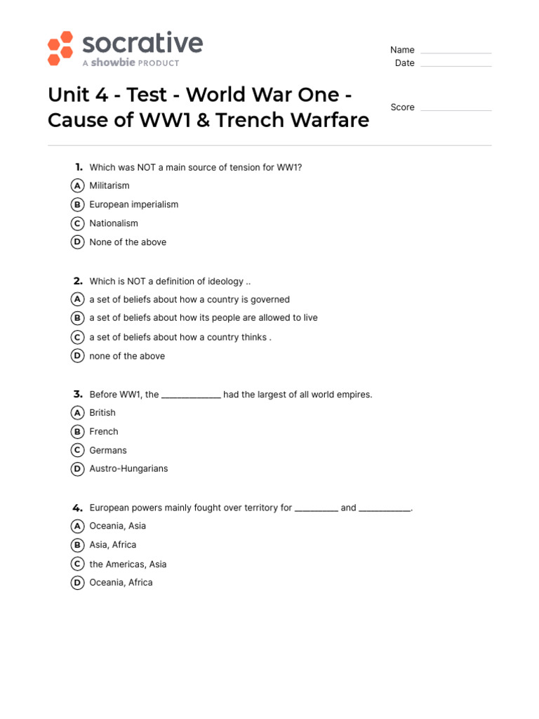 4.Quiz_Unit 4 - Test - World War One - Cause of WW1 & Trench Warfare ...