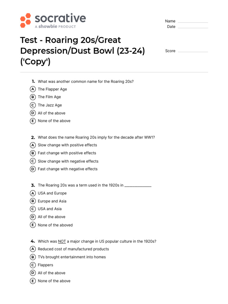 Quiz - Test - Roaring 20sgreat DepressionDust Bowl (23-24) (Copy) | PDF ...