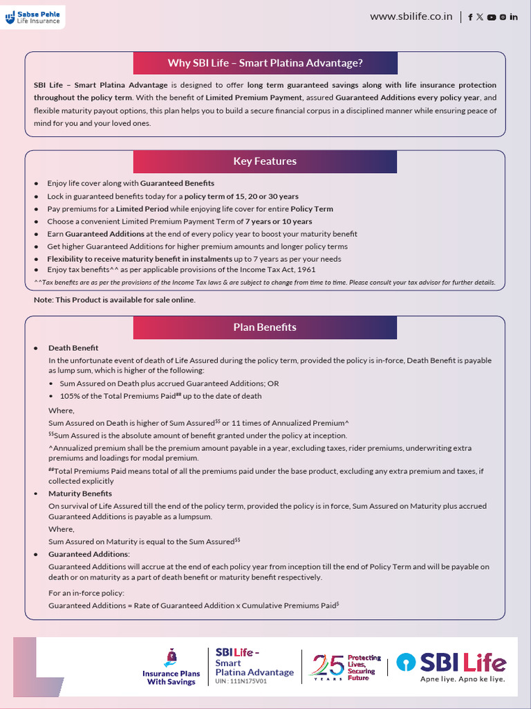 SBI Life Smart Platina Advantage Plan | PDF | Insurance | Economies