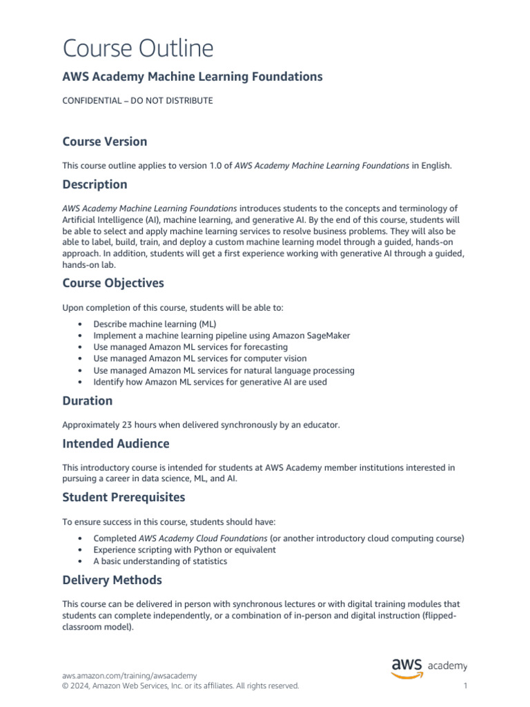 AWS Academy Machine Learning Foundations Course Outline (English) | PDF ...