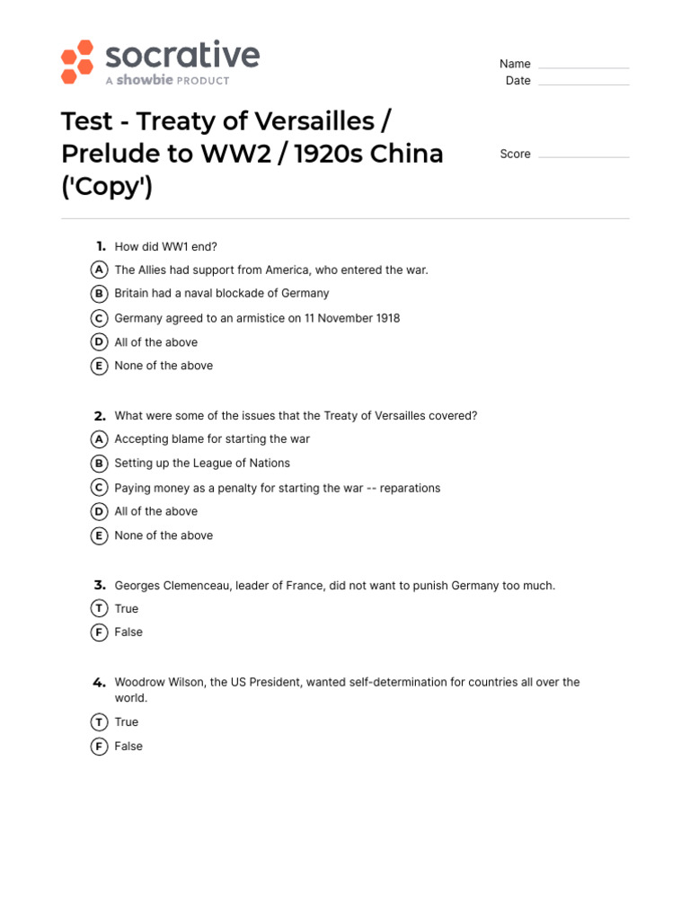 Quiz_Test - Treaty of Versailles Prelude to WW2 1920s China (Copy ...