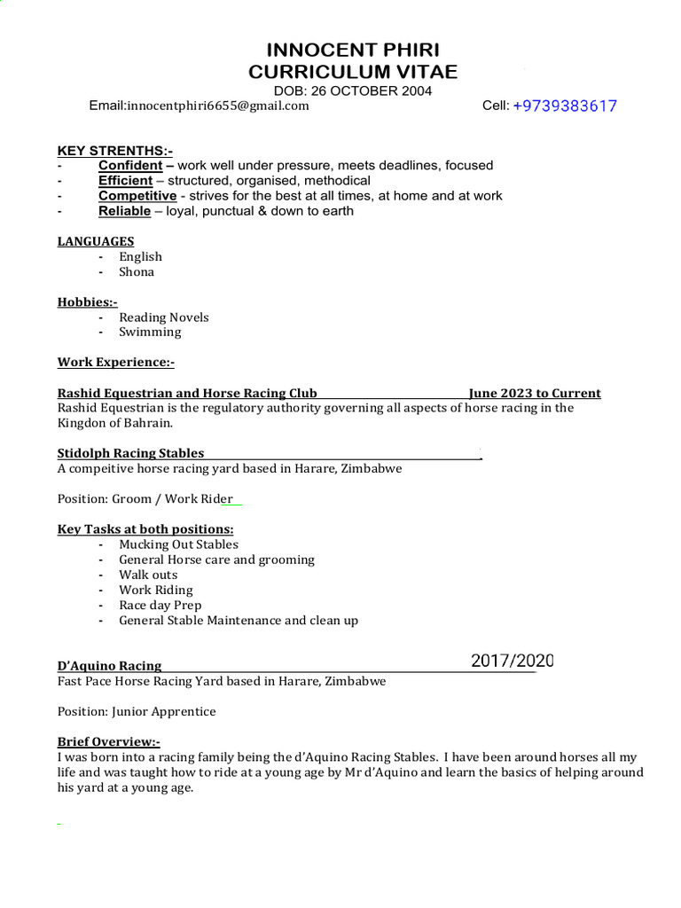 Horse Racing CV of Innocent Phiri | PDF