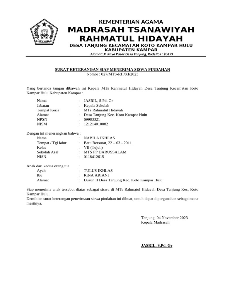 Surat Penerimaan Siswa Pindahan MTs Rahmatul Hidayah | PDF