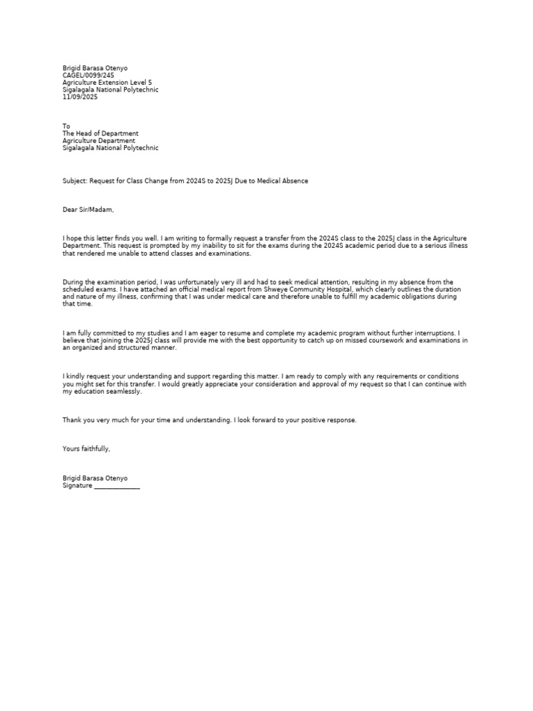 Class Change Request Due to Illness | PDF
