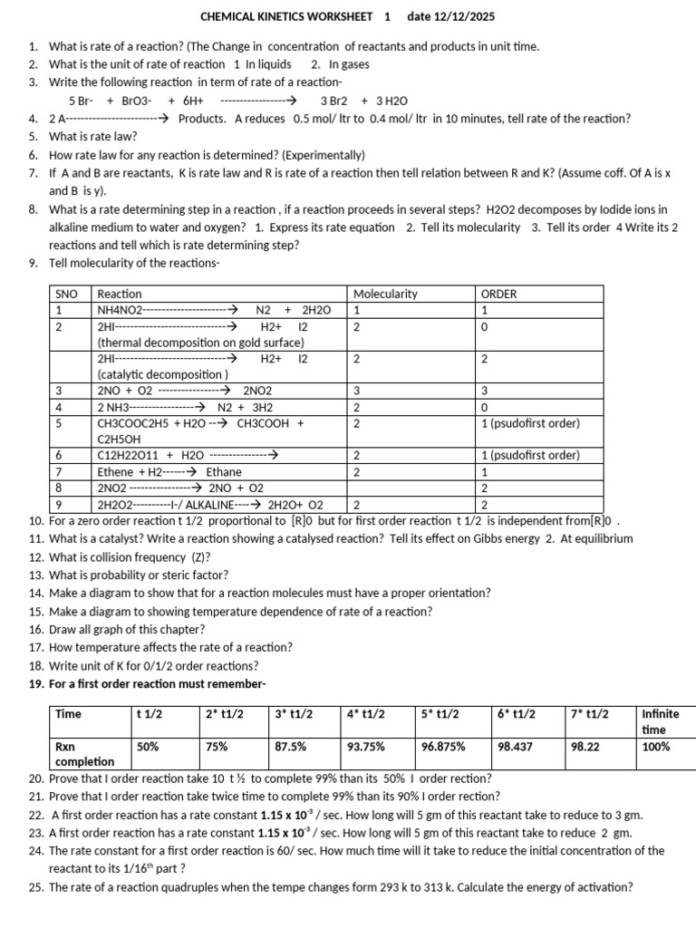 Chemical Kinetics Worksheet Guide | PDF | Reaction Rate | Chemical ...