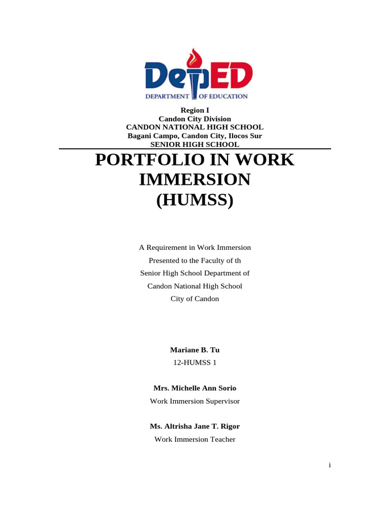 Senior High School Work Immersion Portfolio | PDF