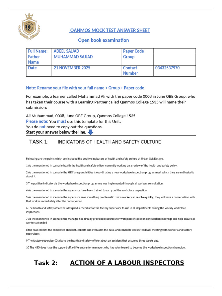 Qanmos Mock Test Answer Sheet | PDF | Occupational Safety And Health ...