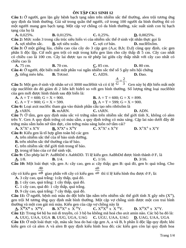 ÔN TẬP CK1 SINH 12 | PDF