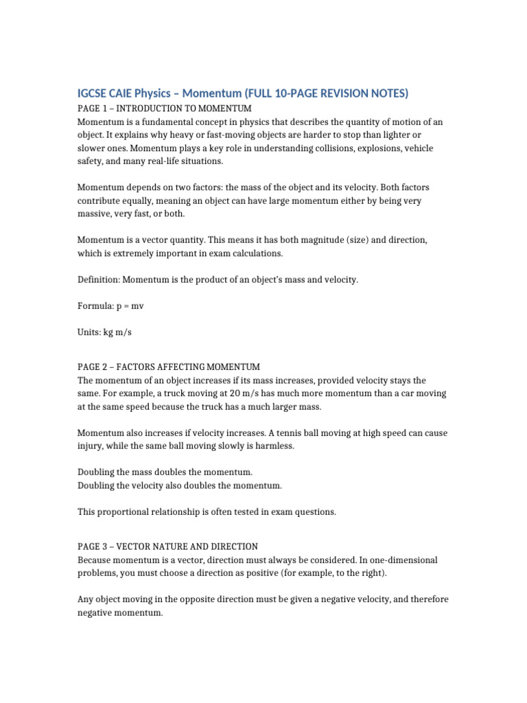 IGCSE CAIE Physics Momentum 10 Page Full Notes | PDF | Momentum | Collision