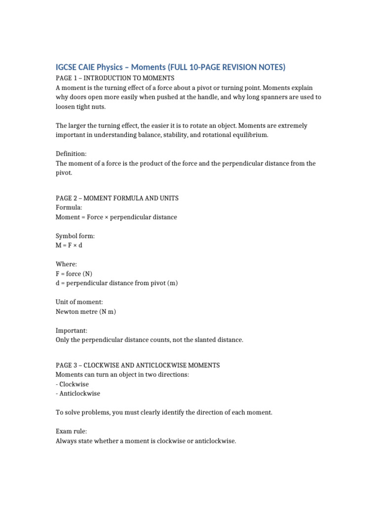 IGCSE CAIE Physics Moments 10 Page Full Notes | PDF | Force | Lever