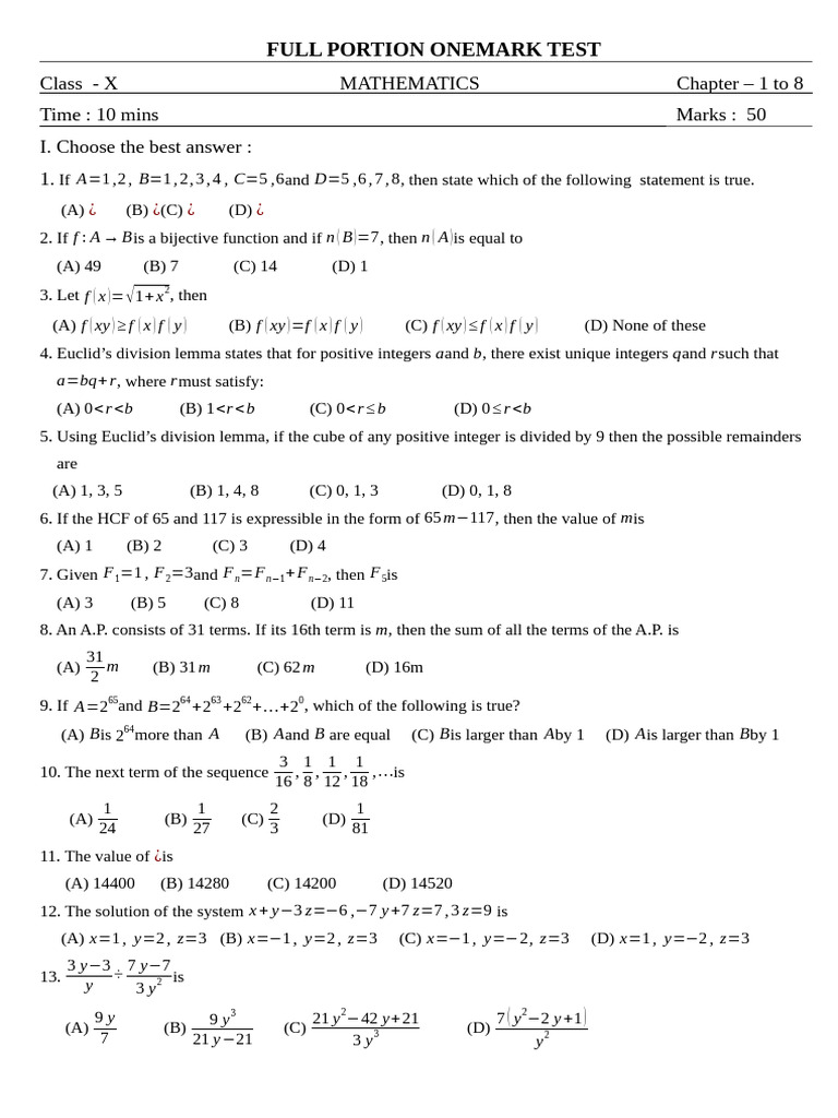 Class X Mathematics One Mark Test | PDF | Sphere | Matrix (Mathematics)