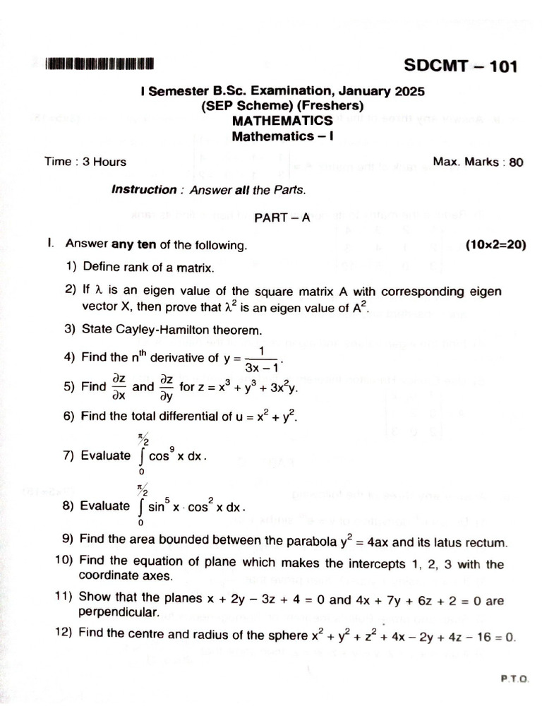 Mathematics 1st Sem Question Paper | PDF