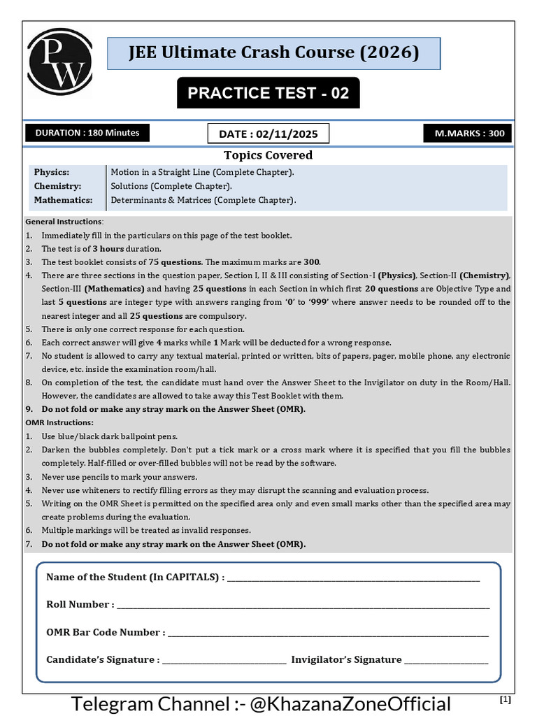 Practice Test 02 Test Papers (PCM) | PDF | Velocity | Acceleration