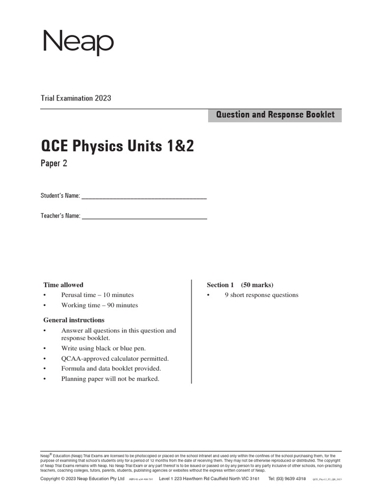QCE Physics Units 1&2 Trial Exam 2023 | PDF | Neutron | Nuclear Physics