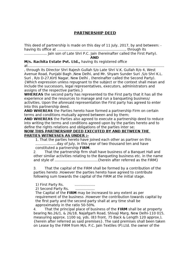 Copy of Partnership Deed 1 | PDF | Partnership | Lease