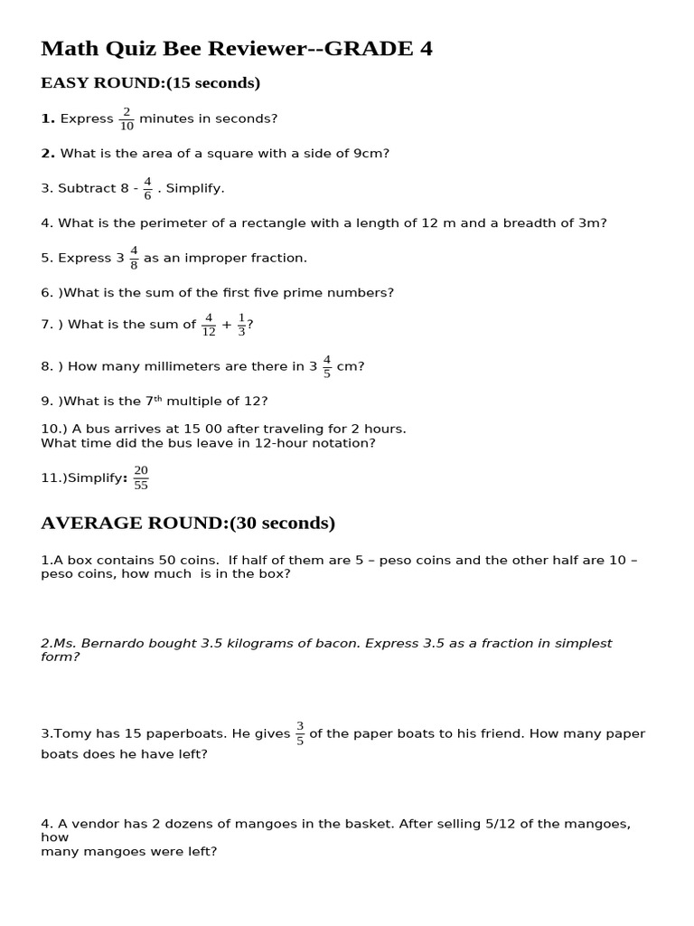 Grade 4 Math Quiz Bee Reviewer | PDF