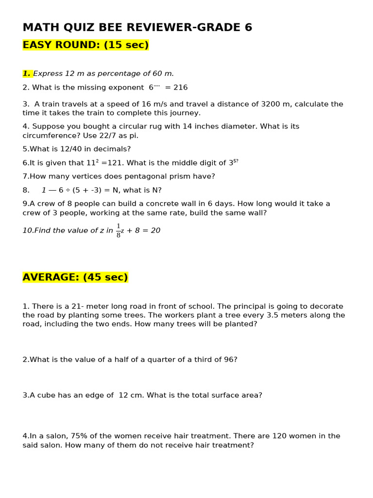 Grade 6 Math Quiz Bee Reviewer | PDF