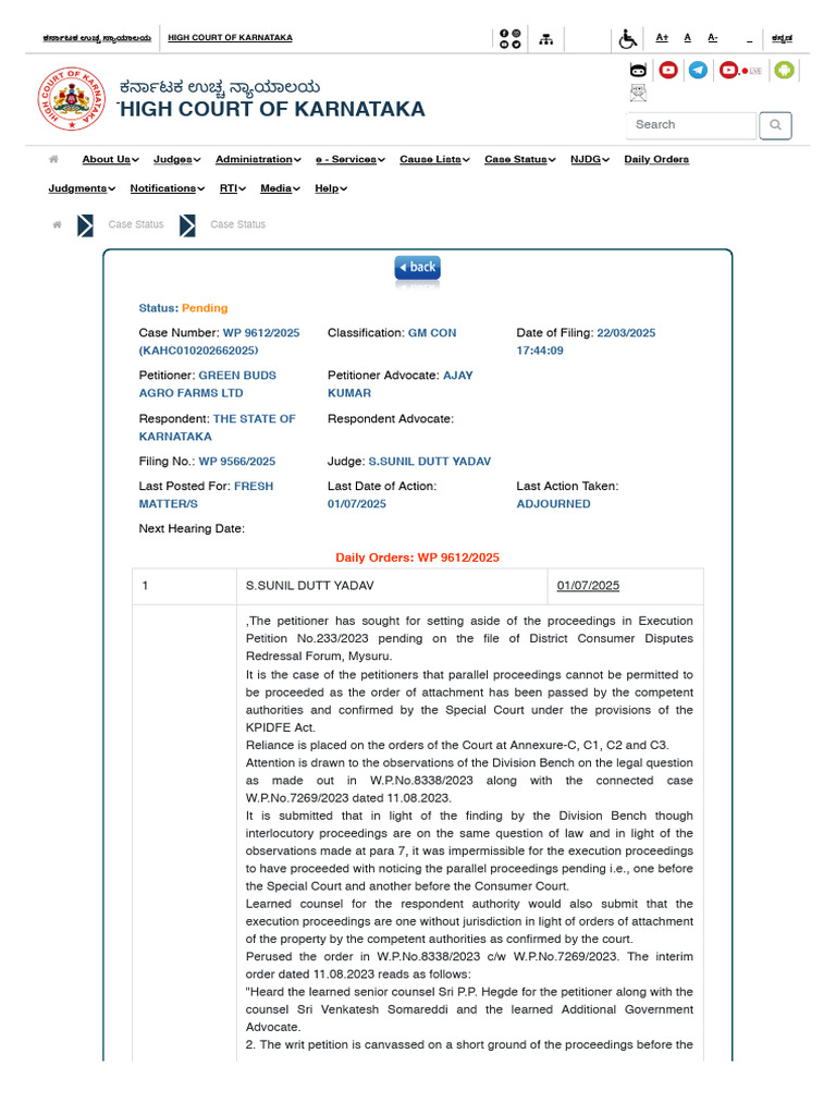 Karnataka High Court Case Status Update | PDF | Advocate | Lawsuit