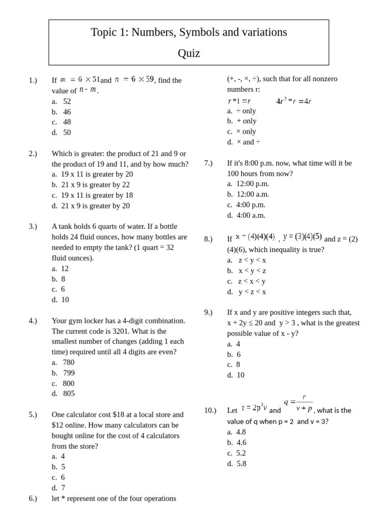Math Quiz on Numbers and Operations | PDF | Chess Openings | Chess Theory