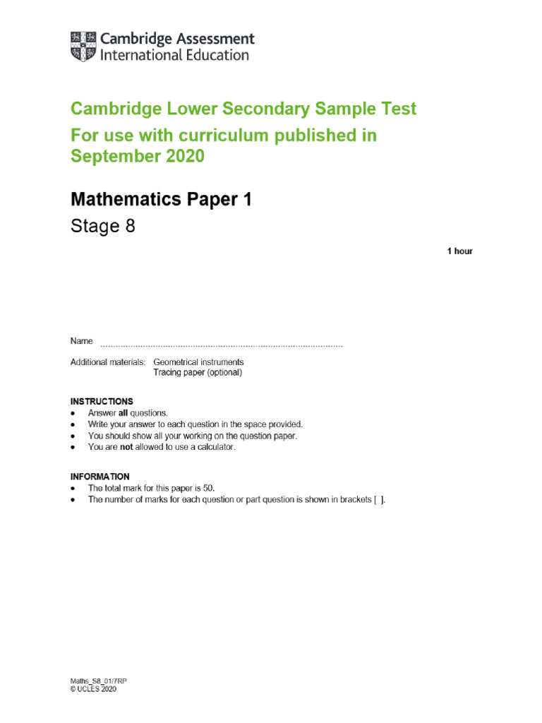 Mathematics Stage 8 Sample Paper 1 - Tcm143-595673 - TOAZ | PDF