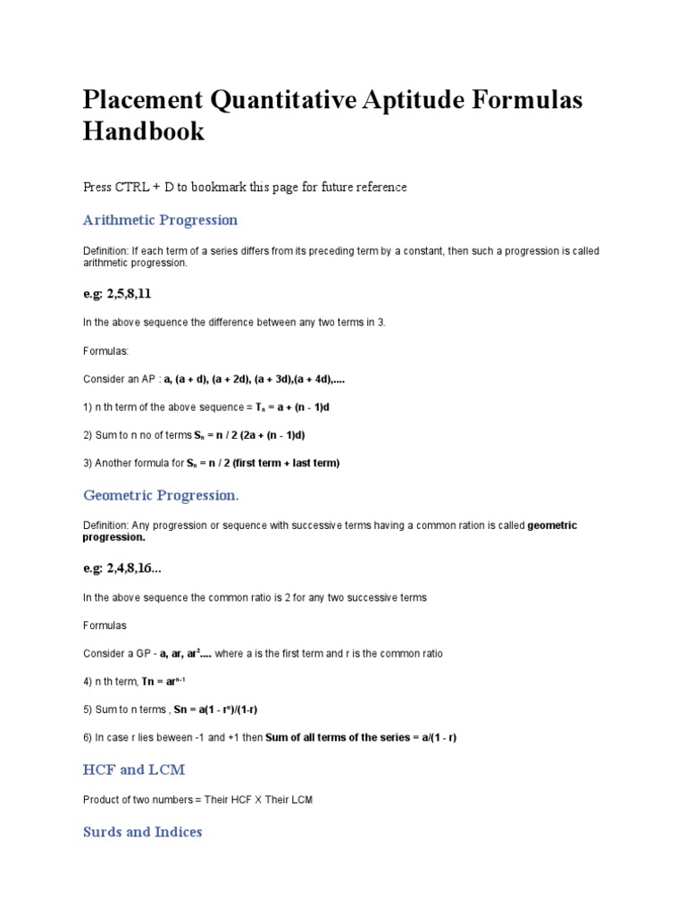Placement Quantitative Aptitude Formulas Handbook: Arithmetic ...