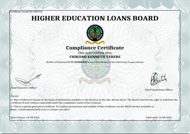 HELB Compliance Certificate for Chikono Kenneth | PDF