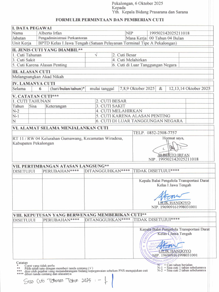 Cuti an ALBERTO IRFAN Tgl 7-14 Oktober 2025 TTA Pekalongan | PDF