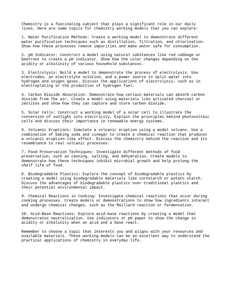 Topics for Working Model in Chemistry | PDF | Chemical Reactions | Water