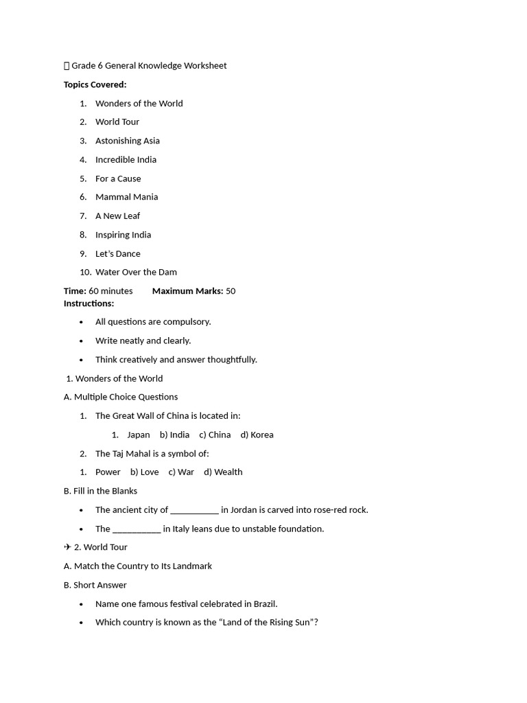 Grade 6 General Knowledge Quiz | PDF