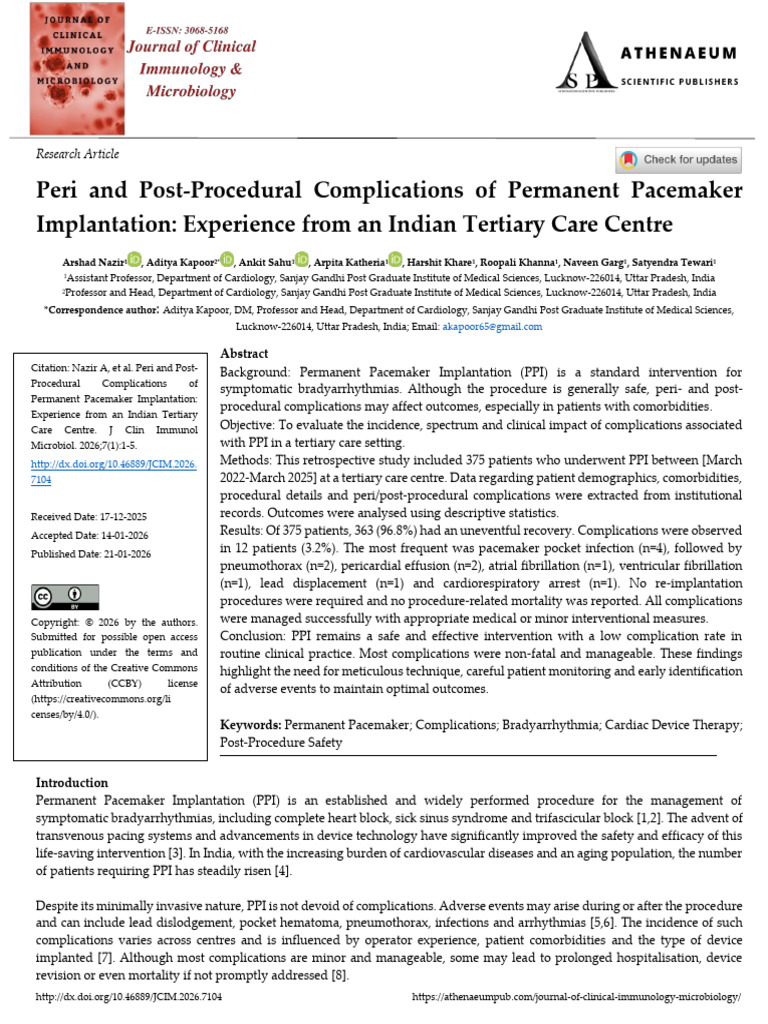 Peri and Post Procedural Complications of Permanent Pacemaker ...
