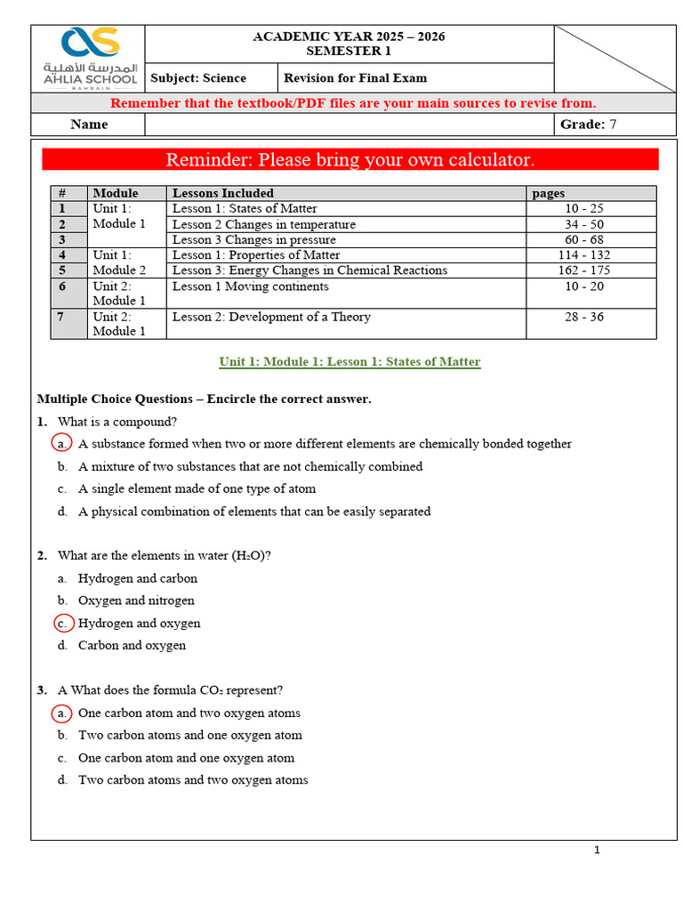 7th Grade Science Exam Revision Guide | PDF | Gases | Liquids
