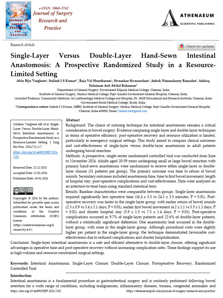 Single Layer Versus Double Layer Hand Sewn Intestinal Anastomosis a ...