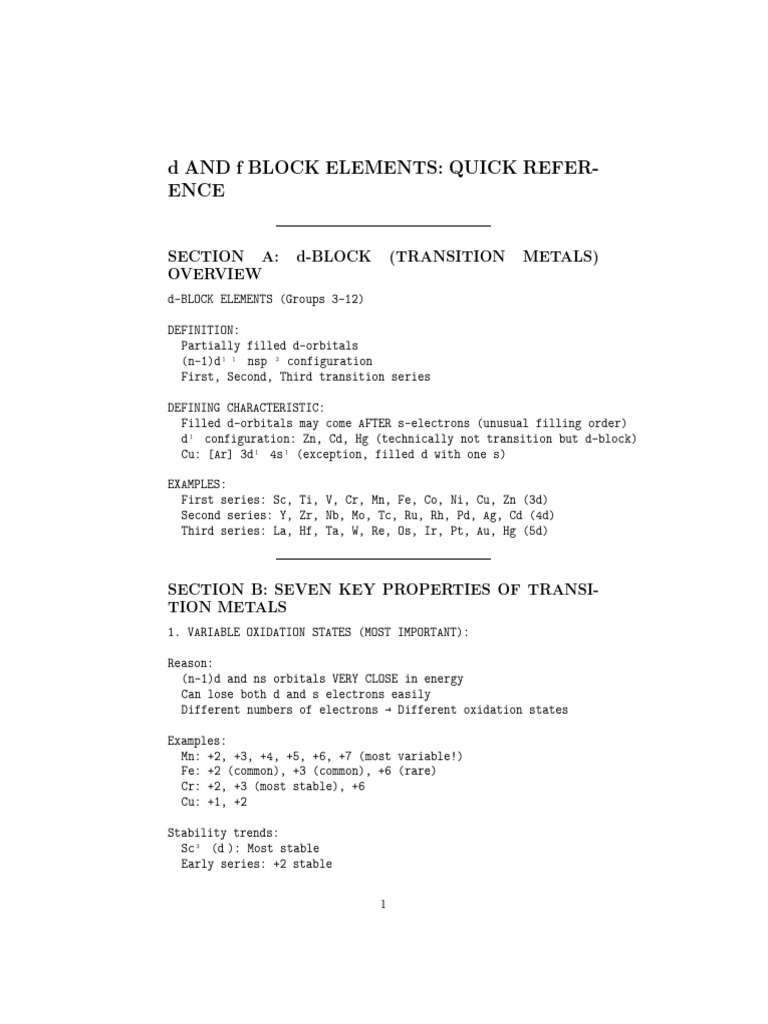 d f Block Quick Reference | PDF | Transition Metals | Coordination Complex