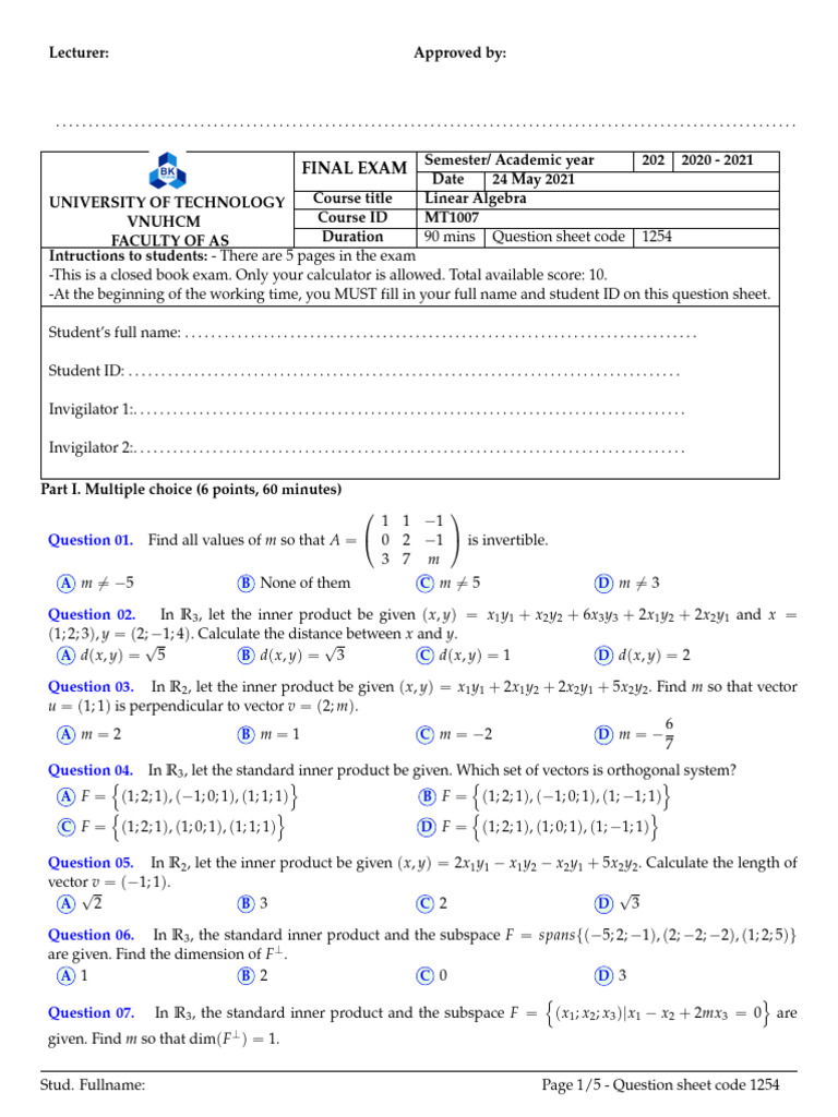 5. Linear Algebra de Thi 24-05-2021 La | PDF | Eigenvalues And ...