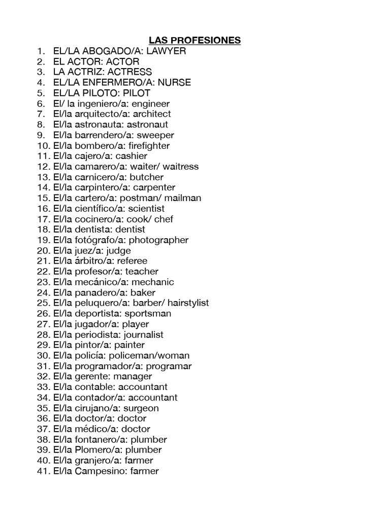 Lista de Profesiones en Español e Inglés | PDF