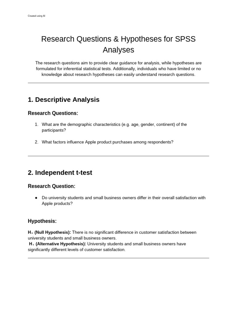 Research Questions & Hypotheses for SPSS | PDF | Hypothesis | Student's ...